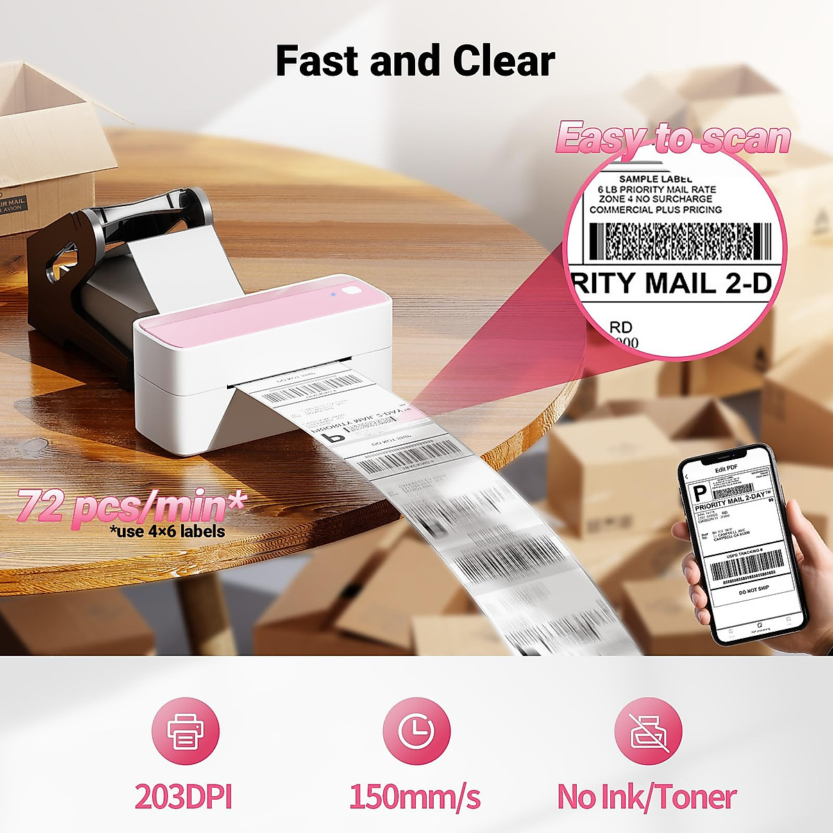 Bluetooth Wireless Thermal Shipping Label-Printer - 4x6 Label Printer for Shipping Packages & Small Business, Pink Label Printers Support with iPad iPhone and Android, Work for Amazon Etsy USPS UPS