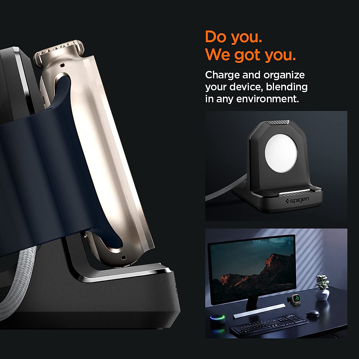 Spigen Rugged Armor Stand Designed for Apple Watch Charger Stand Compatible with Ultra 2/1 49mm, Series 10 46/42mm, 9/8/7 45/41mm, SE2/SE/6/5/4 44/40mm Durable TPU with Non-Slip Stable Base - Black