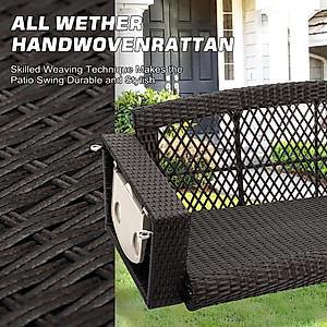 Grepatio Wicker Hanging Porch Swing - Outdoor 3 Person Patio Swing Bench with Cushion & Chains - 3-Seat Porch Swing Chair with Cup Holder for Garden, Yard, Lawn (Grey)