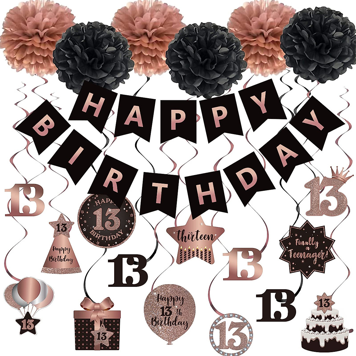 BRT Bearingshui Happy 13th Birthday Hanging Swirls Streamers Decoration Set, Happy Birthday Banner with Tissue Pompoms, Rose Gold and Black 13 Years Old Birthday Party Hanging Backdrop Decorations