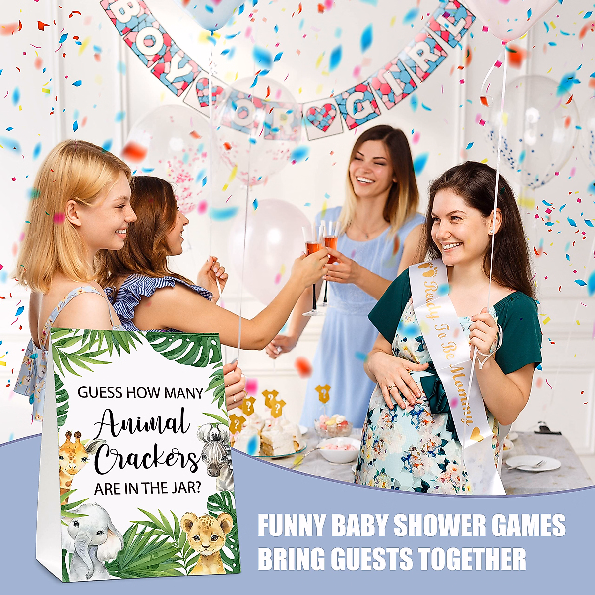 Guess How Many Animal Crackers Baby shower Game, Jungle Animal, Safari Theme Baby Shower Game - 1 Standing sign And 50 Cards For Gender Neutral Baby Shower-LK-D05