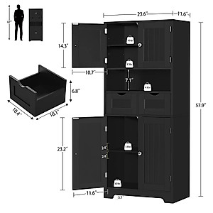 Quimoo Tall Storage Cabinet, Bathroom Cabinet with Drawers & Adjustable Shelves, Bathroom Storage Cabinet for Living Room, Kitchen, Black