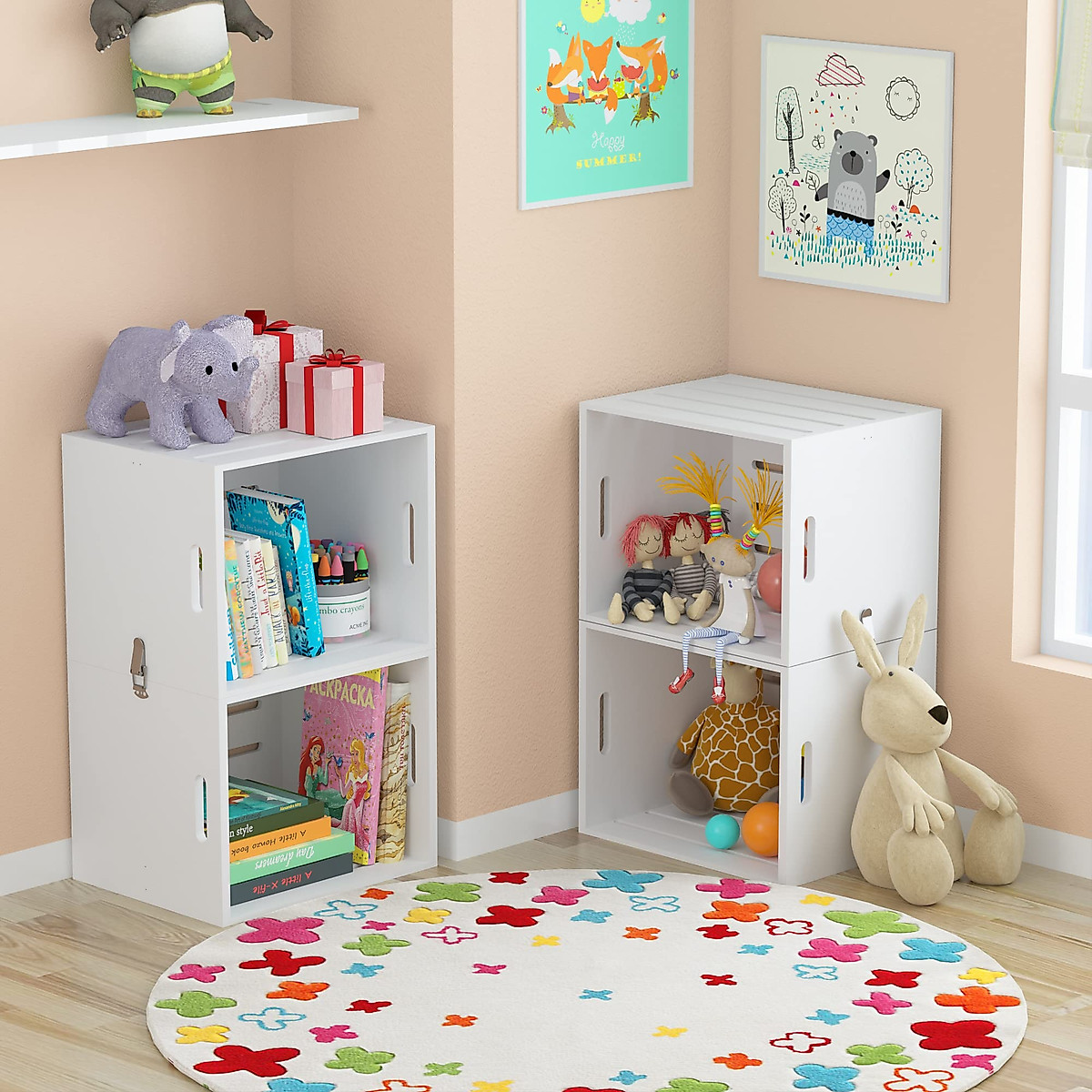 Timy 4-Tier Adjustable Kids Bookshelf Wood Book Storage Toy Storage Organizer Practical Book Storage Rack for Bedrooms Study Rooms Playrooms