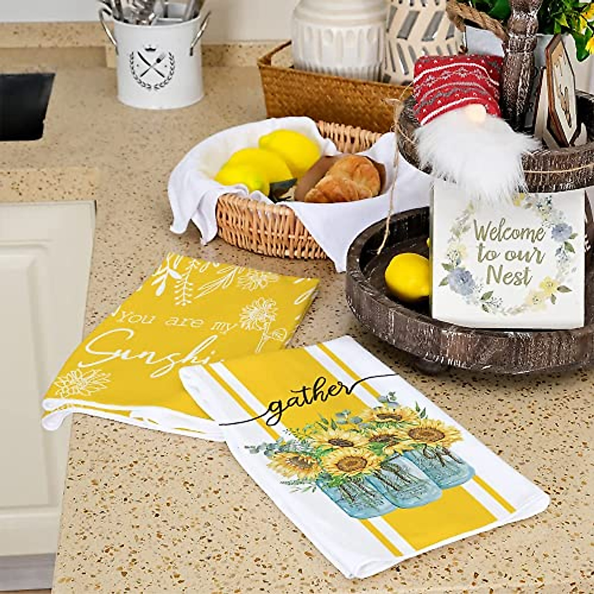 GEEORY Kitchen Towels for Summer Decor Sunflowers Mason Jar Dish Towels 18x26 Inch Ultra Absorbent Bar Drying Cloth Hand Towel for Kitchen Bathroom Party Home Decorations Set of 2