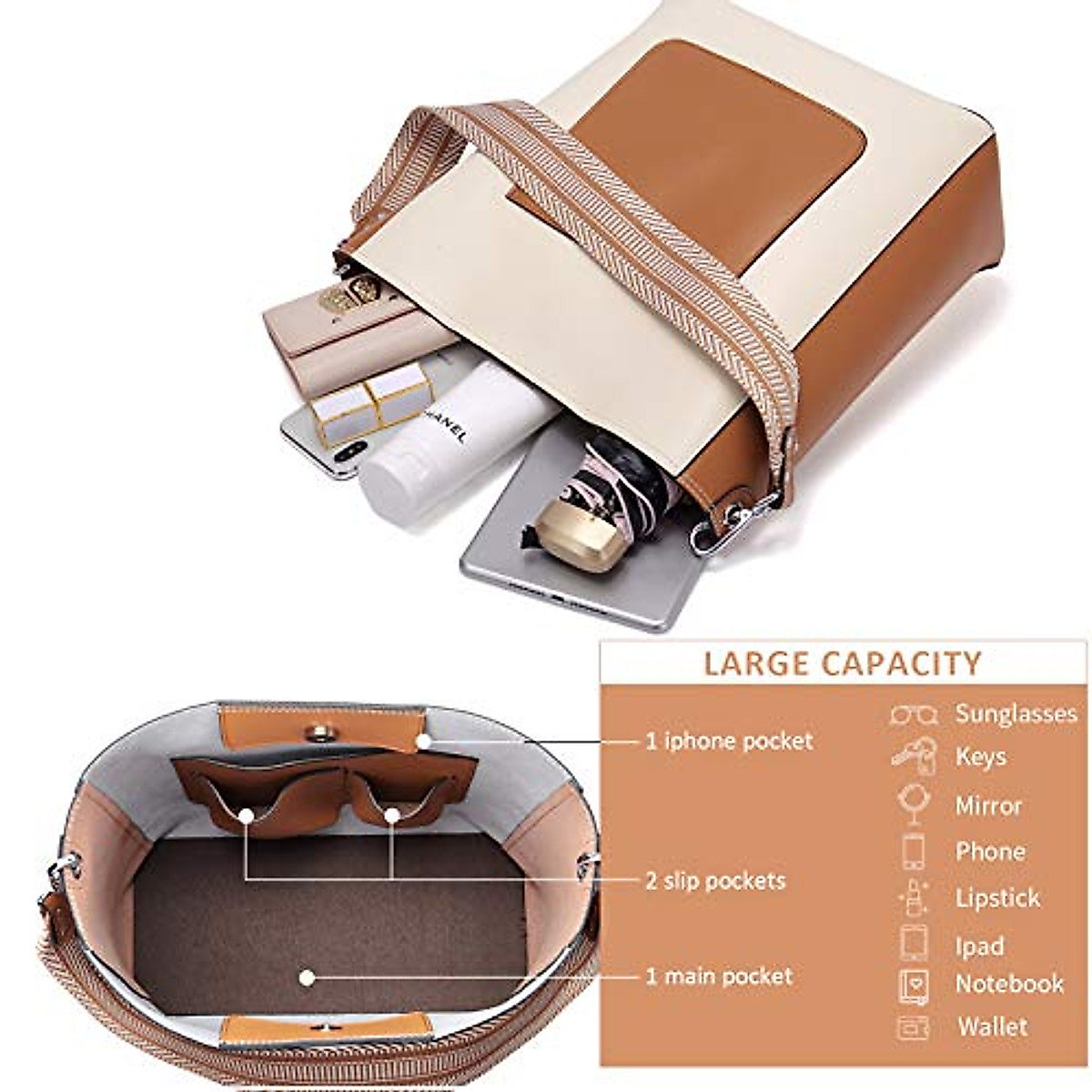 BOSTANTEN Handbags for Women Leather Designer Hobo Tote Purses Shoulder Bucket Crossbody Bags Beige with Brown