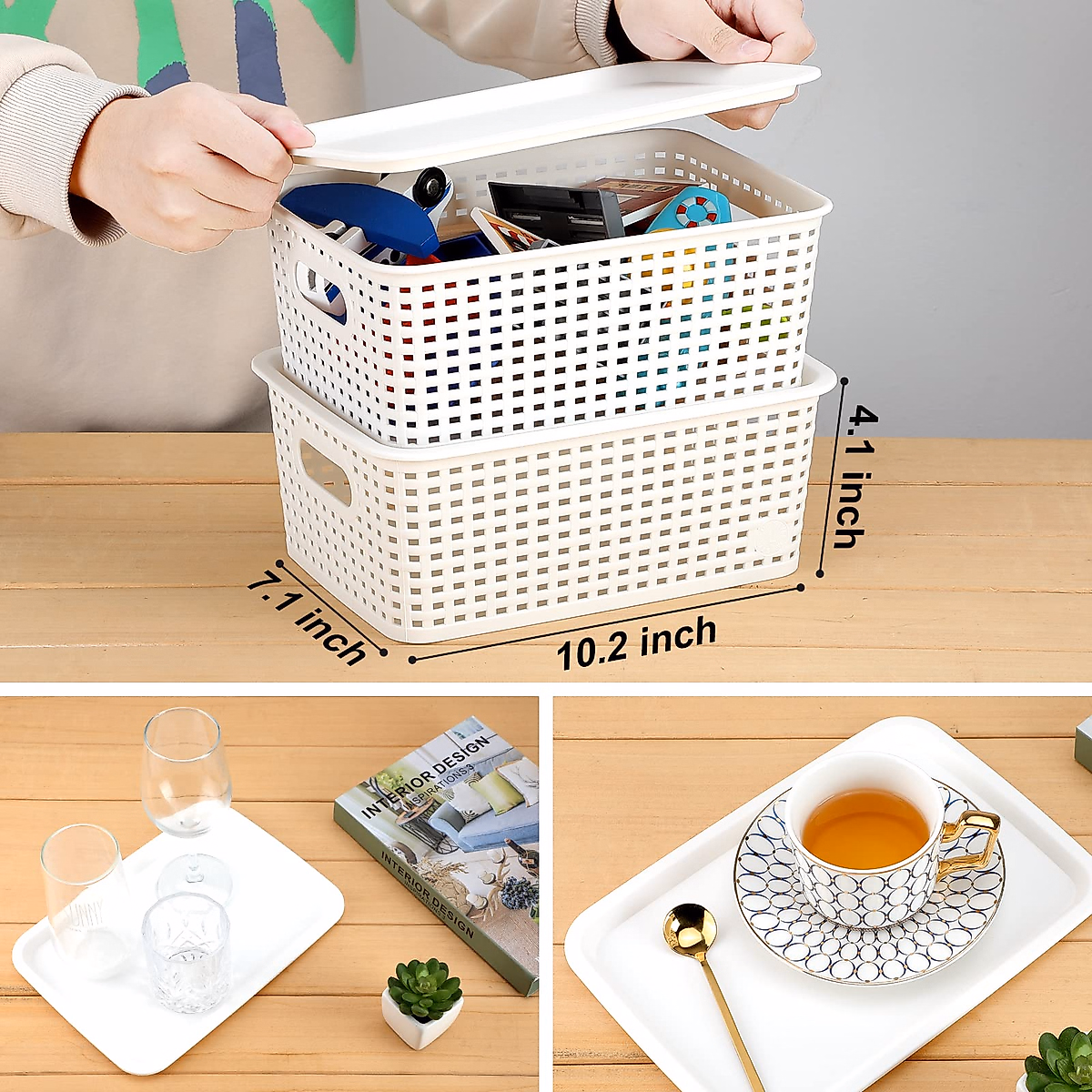 AREYZIN Plastic Storage Baskets With Lids Stacable Organizing Container Lidded Knit Storage Organizer Bins for Shelves Drawers Desktop Closet Playroom Classroom Office, Grey and White