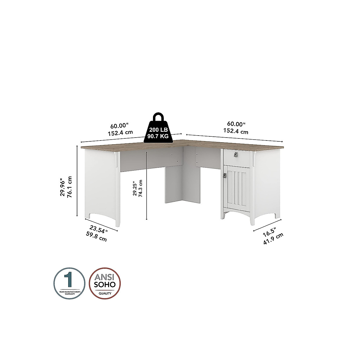 Bush Furniture Salinas L-Shaped Desk with Storage | Study Table with Drawers & Cabinets | Home Office Computer Desk in Pure White and Shiplap Gray