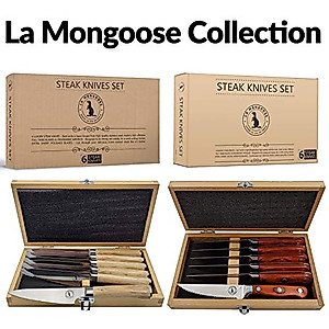 Steak Knife Set in Gift Box 6 Full Tang High Carbon Stainless Steel Micro Serrated Knives Classic Dark Brown Ergonomic Pakkawood Handles Luxury Beech Wood Case Premium Deluxe Birthday Gift Idea