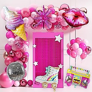 Pink Balloon Garland Arch Kit Hot Pink Rose Gold Metallic Balloons Silver Disco Roller Skate Radio Ice Cream Balloon for Girl's Birthday Party Decorations Pink Princess Doll Theme Party Supplies