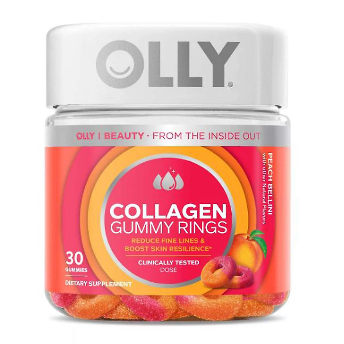 OLLY Collagen Gummy Rings! 30 Gummies Peach Peach Bellini Flavor! Formulated with Bioactive Collagen Peptides! Reduce Fine Lines and Boost Skin Resilience! Choose Your Pack! (2 Pack)