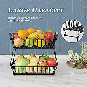 Wisdom Star 2 Tier Fruit Basket Bowl Farmhouse for Kitchen Countertop, Detachable Metal Bread Fruit Vegetable Storage Basket Stand Holder with Wooden Handle, Black