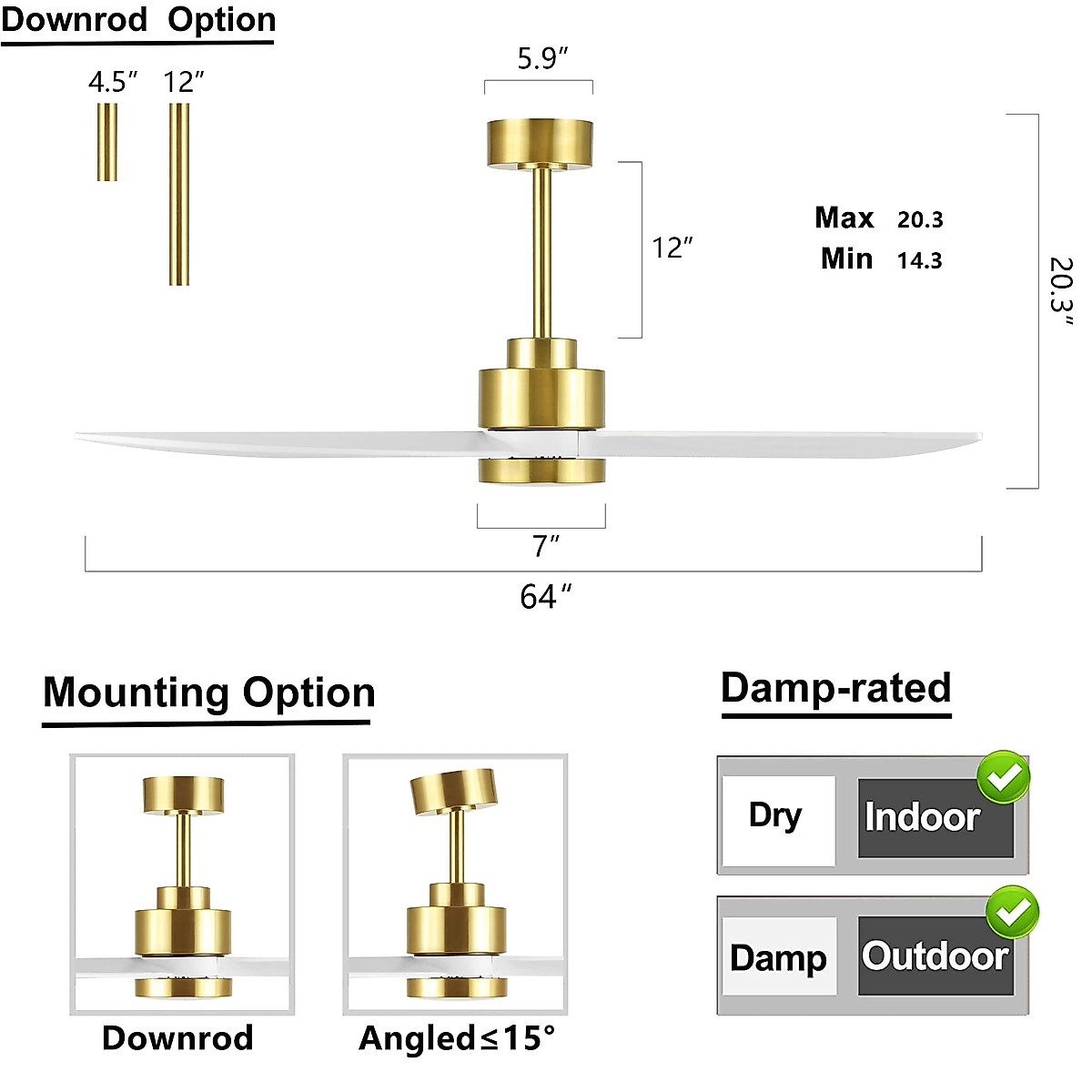 ELEHINSER 64" Wood Ceiling Fan with Lights and Remote Control, 3 Blades 6-Speed Dimmable Light Reversible DC Motor Ceiling fan for Kitchen Bedroom Dining Living Room, White Wood Blades with Gold