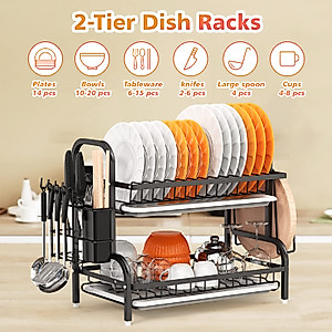 DUCHIFAD Dish Drying Rack, 2-Tier Dish Racks for Kitchen Counter, Sink Dish Drainer with Drainboard, Utensil Holder and Cutting Board Holder, Stainless Steel Kitchen Drying Rack-Black