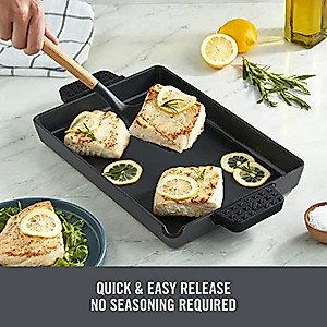 DASH Zakarian by Dash 9"x13" Nonstick Cast Iron Pan with Pour Spout and Removable Silicone Grips for Searing, Baking, Broiling, Grilling and more- Black