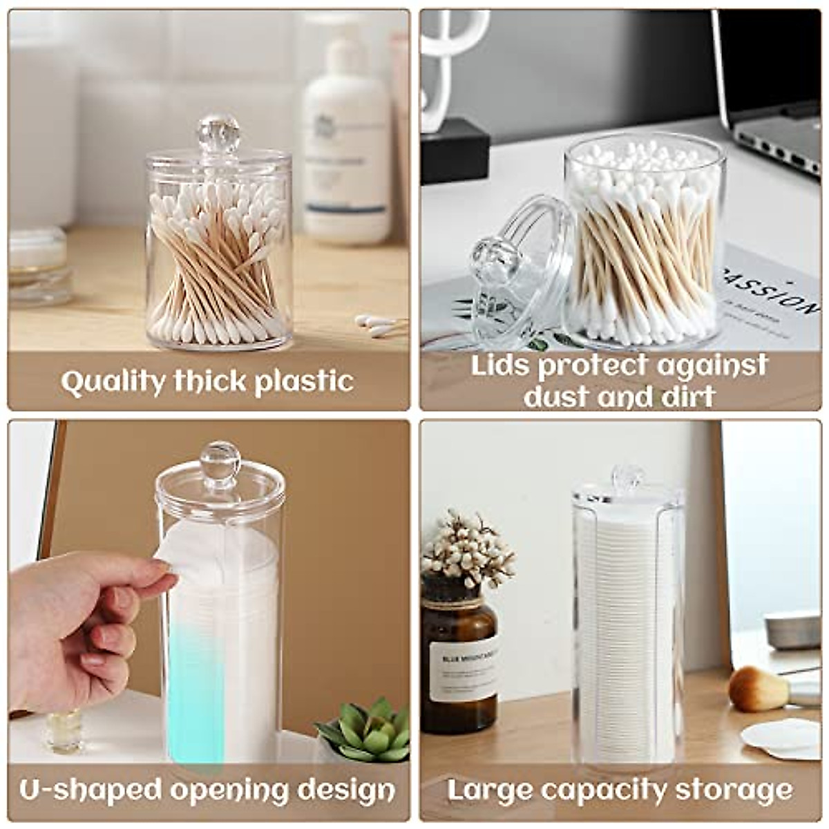 5Pcs Acrylic Cotton Pad Holder, FHDUSRYO Q-Tips Cotton Swab Dispenser Apothecary Jar with Lid, Bathroom Cotton Wool Bud Organizer Clear Makeup Container for Vanity Storage Cotton Ball Cosmetic Pads Floss