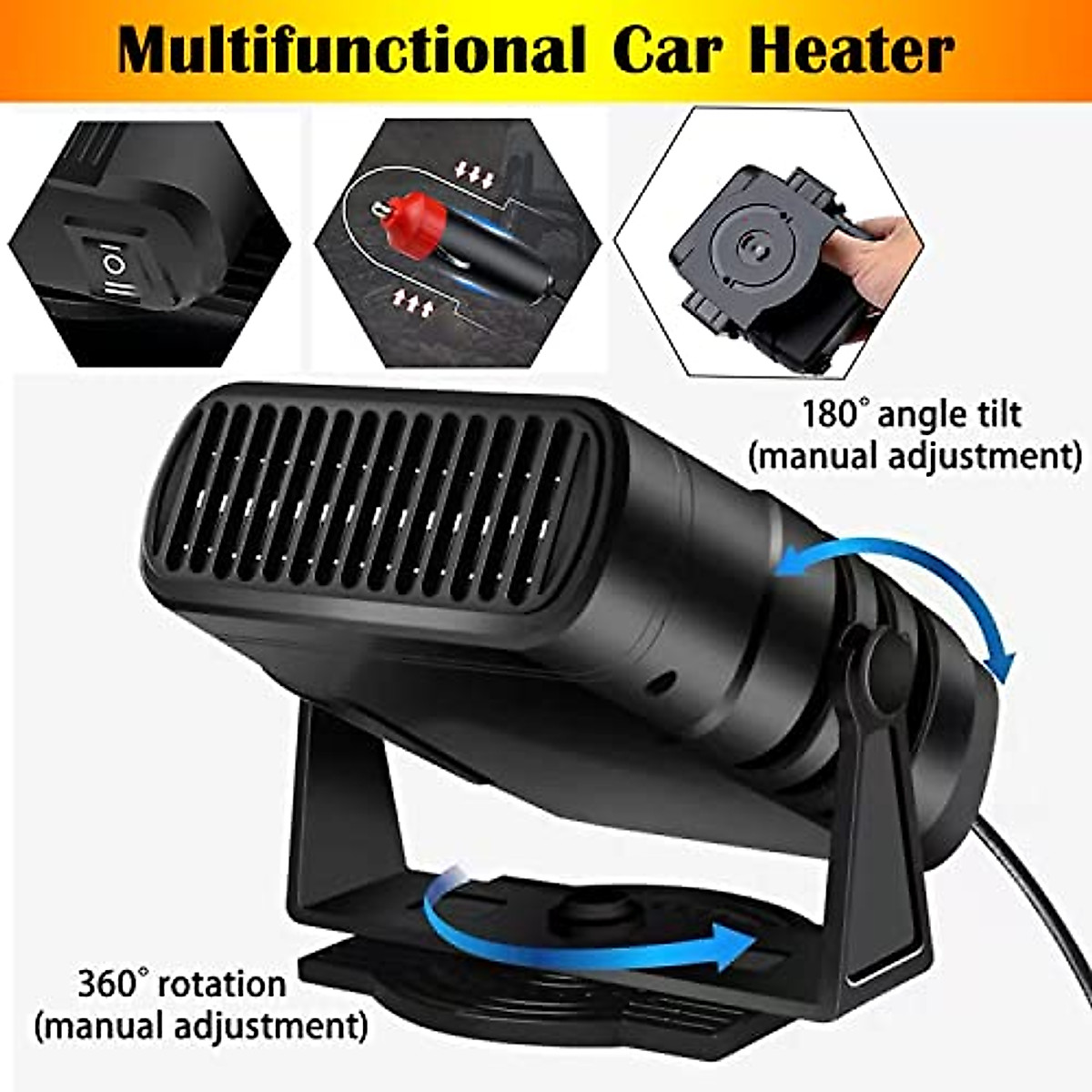 Car Heater Defroster, 12V 120W Auto Defogger 360° Rotatable Fast Heating Quickly Defrost 2 in 1 Auto Car Windshield Portable Heater Cooling Fan