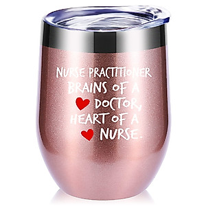 momocici Nurse Practitioner Brains Of A Doctor, Heart Of A Nurse 12 OZ Wine Glasses Tumbler.Gifts for Nurse.Birthday,Christmas,Graduation Gifts for Friends,Daughter,Men,Women Mug(Rose Gold)