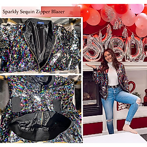 Cresay Women's Sequin Fitted Long Sleeve Zipper Blazer Bomber Jacket-Rainbow S