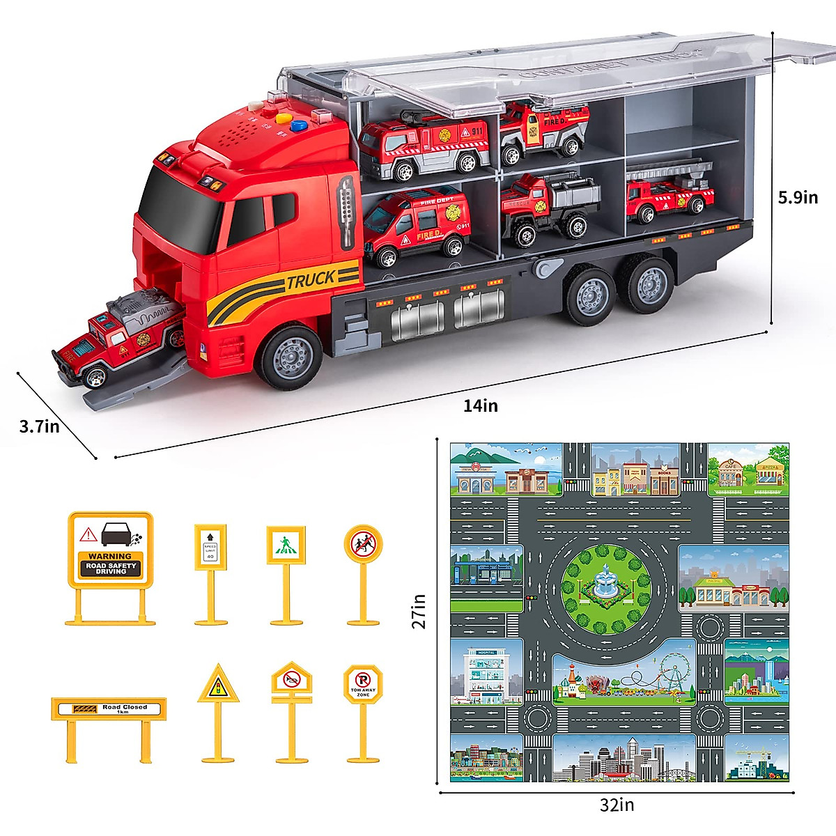 Toddler Toys for 3-9 Years Old Boys Die-cast Emergency Fire Rescue Vehicle Double Side Transport Car Toy Set W/Play Mat, Alloy Metal Fire Truck Gifts for Age 3 4 5 6 Kids Boys Girls Birthday Party