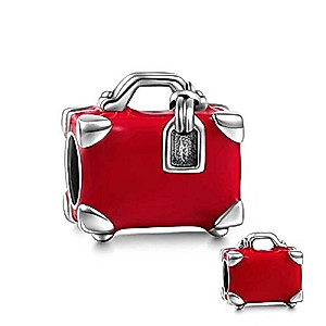 Red Suitcase Charm 925 Sterling Silver Love Travel Bead Charms for Pandora Bracelet Necklace Women Wife Mother Christmas Birthday Gift (Red Enamel Suitcase)
