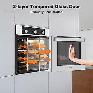 Single Wall Oven, thermomate 24" Built-in Electric Oven with 5 Cooking Functions, 2.79 Cu.ft. Electric Wall Ovens with Stainless Steel Finish, Mechanical Knobs Control, ETL Certified