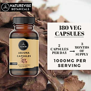 Naturevibe Botanicals Arjuna Capsules Premium 180 Veg Capsules | 1000mg Per Serving | Traditional Supplement | Made with Pure Herb Arjuna Powder