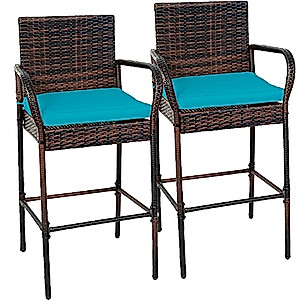 Sundale Outdoor 2 Pieces Patio Bar Stools, All-Weather Wicker Bar Stools Rattan Chairs Set of 2, Counter Height Tall Chair with Arms, Turquoise Cushion, Patio Furniture - Steel, Brown