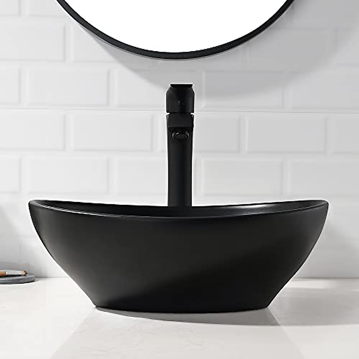 Black Oval Bathroom Sink with Faucet and Drain Combo - VASOYO 16"x13" Matte Black Bathroom Vessel Sink Above Counter Oval Porcelain Ceramic Bathroom Vessel Vanity Sink, Faucet and Drain Combo