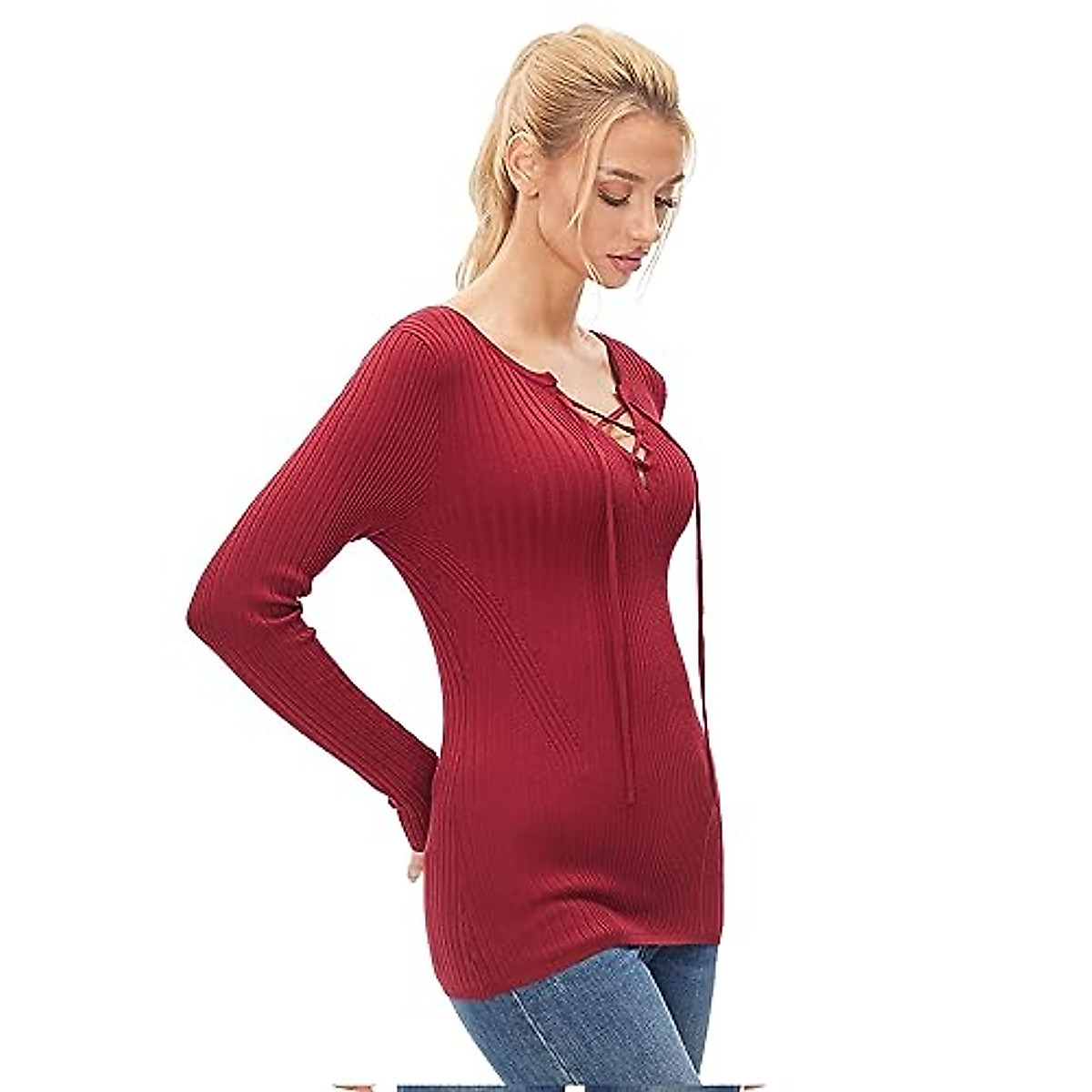 AmélieBoutik Women Notch V Neck Lace Up Long Sleeve Ribbed Sweater (Wine Red X-Small)