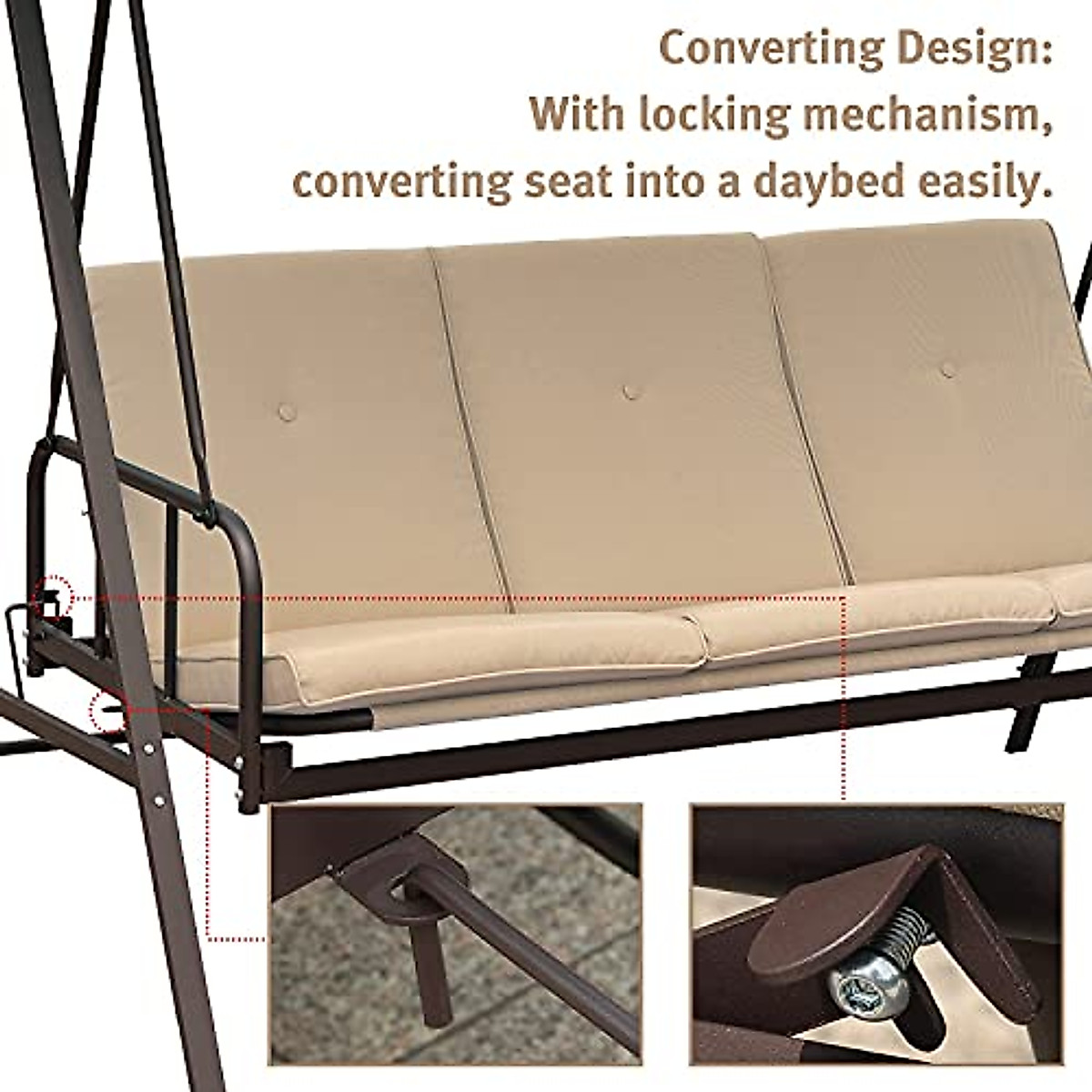 Aoodor 2 in 1 Patio Porch Swing Bed Olefin Fabric Fade Resistant Outdoor Converting Adjustable Canopy, Weather Resistant Glider with Removable 3 Seater - Brown