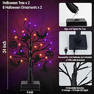 2 Pack 24 Inch Black Halloween Tree with 24 LED Orange Purple Lights, Timer/USB/Battery Operated Light Up Halloween Table Decorations, Spooky Halloween Decorations Indoor Home Mantle Room Party Decor