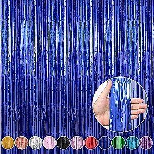 Crosize 4 Pack 3.3 x 8.2 ft Dark Blue Foil Fringe Curtains Party Decorations, Blue Tinsel Curtain Backdrop for Parties, Door Streamers, Glitter Streamer Fringe Backdrop for Birthday Decoration