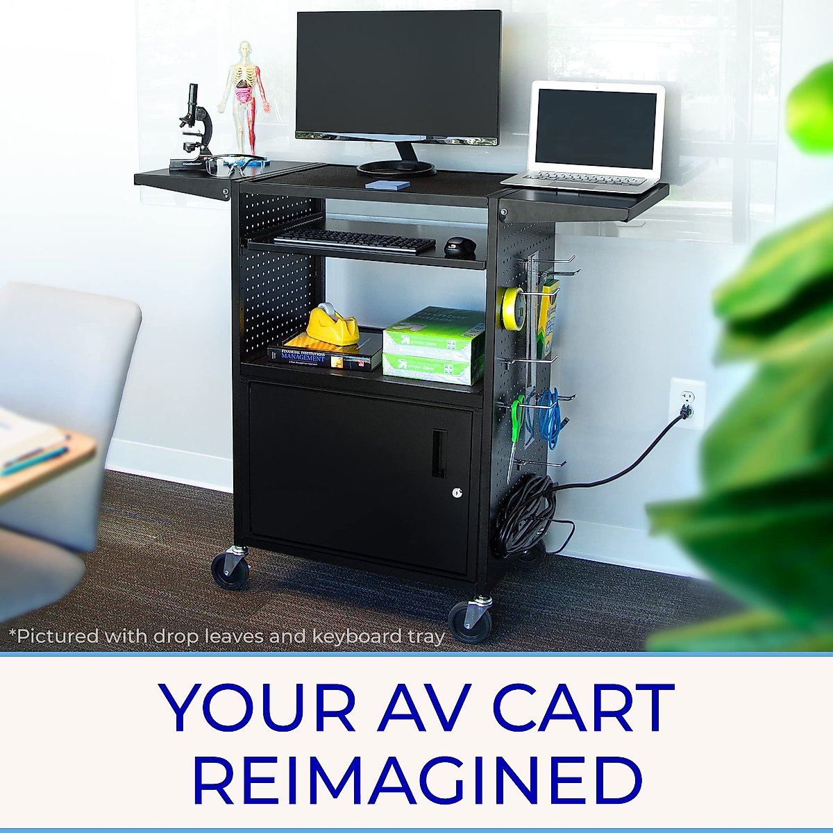 Line Leader Stellar AV Cart - Computer Cart with Customizable Pegboard & Hooks, Dual Locking Cabinets, UL Certified Power, Mobile Workstation with Locking Wheels, Ideal for Laptop & Charger Storage
