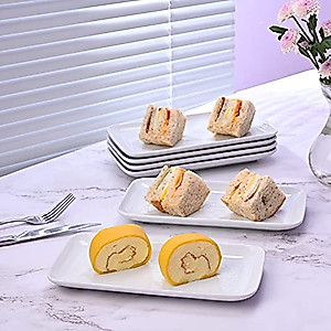 Miicol 9 Inch Rectangle Serving Platter, White Ceramic Rectangular Plates for Party Food, Appetizer Dessert Cake Sushi, Set of 6, No-spilling and Stackable, Dishwasher Microwave & Oven Safe
