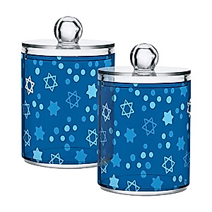 DOMIKING Hanukkah Stars Of David 2 Pack Cotton Swab Holder Dispenser Plastic Jar Bathroom Storage Canister Acrylic Containers for Floss Makeup Sponges Cotton Ball