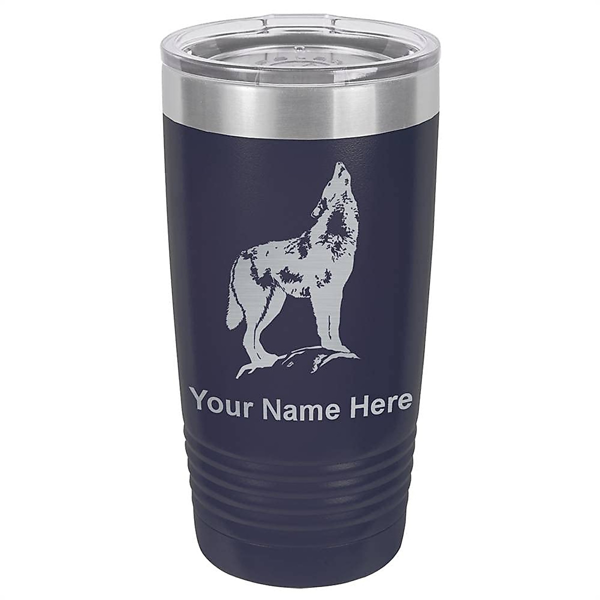LaserGram 20oz Vacuum Insulated Tumbler Mug, Howling Wolf, Personalized Engraving Included (Navy Blue)