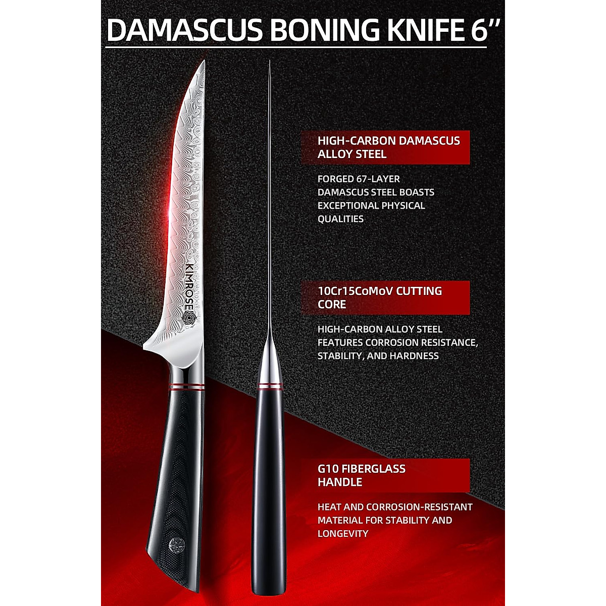 KIMROSE Damascus Boning Knife - 6 inch - 67 Layers 10Cr15CoMoV Alloy Steel - Black G10 Handle, Razor Sharp Kitchen Fillet Knife, Meat Cutting, Trimming, Magnetic Sheath, Gift Box