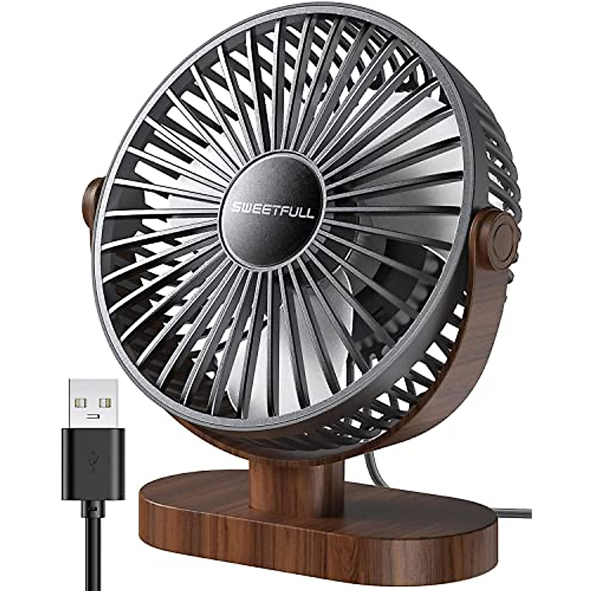 SWEETFULL 6.5 Inch USB Small Desk Fan, 3 Speeds Quiet Portable Desktop Table Fan, 360° Adjustment Personal Mini Fan for Home Office Car Outdoor Travel (Black wood grain)