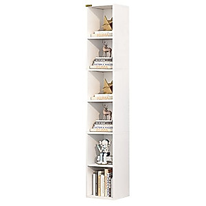 ALISENED 68.5" Tall Narrow Bookshelf, 6 Shelf Wooden Corner Bookcase, Modern Skinny Cubes Storage Organizer Display Shelving for Bedroom, Library, Living Room, Home, Office, White