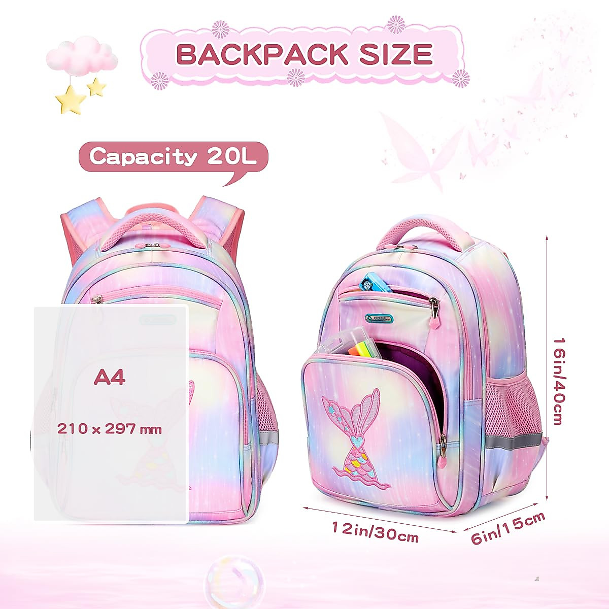 Kids Backpack for Girls Preschool Elementary Kindergarten Mermaid School Bag 15.6″ Multifunctional Cute Large Capacity