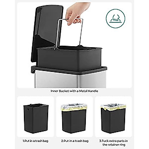 SONGMICS Bathroom Trash Can, 1.5 Gallon (5.7L) Garbage Can with 15 Trash Bags, Stainless Steel Step Bin, Removable Inner Bucket with a Metal Handle, Soft Closure, Silver and Black ULTB105E01
