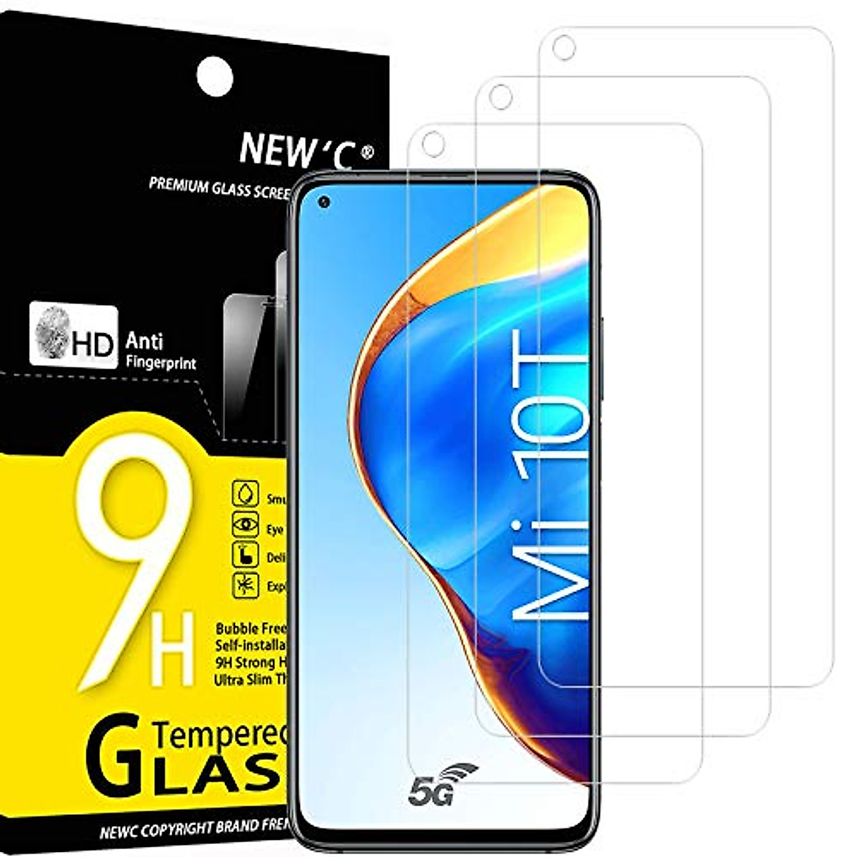 NEW'C 3 Pack Designed for Xiaomi Mi 10T 5G, Mi 10T Pro 5G Screen Protector Tempered Glass, Case Friendly Anti Scratch Bubble Free Ultra Resistant