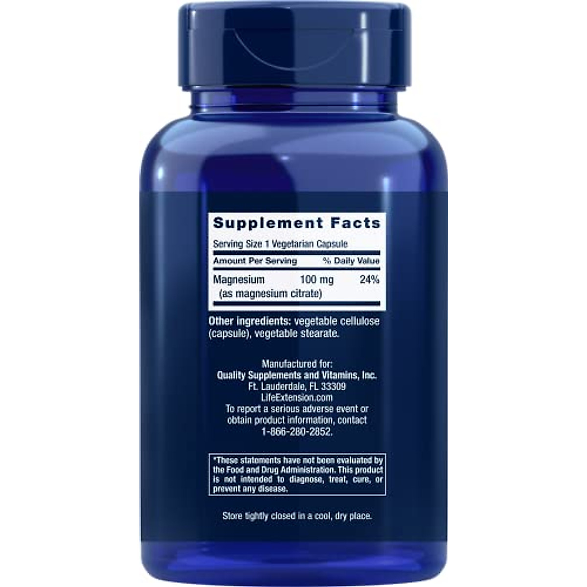 Life Extension Magnesium Citrate 100mg, 180 Veg Caps - Natural Mag Supplement - 100 mg Mineral Support Capsules - Vegan, Vegetarian, Non-GMO