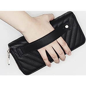 B BRENTANO Vegan Leather Double Zipper Pocket Wallet with Grip Hand Strap (Chevron Embroidered Black)