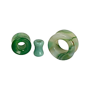 Mystic Metals Body Jewelry Pair of Green Line Agate Stone Concave Double Flared Tunnels (STN-746) (5/8" (16mm))