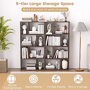 Tangkula 5 Tier Geometric Bookshelf, 48”H Freestanding 8-Cube Open Bookcase, Wooden Storage Display Shelf, 2 Anti-Toppling Devices, 8 Cubes Home Office Decor Room Divider for Living Room (1, Gray)