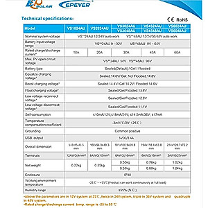 EPEVER Solar Charge Controller 60A 12V/24V/36V/48V Auto with USB Output Light and Time Control LCD Display for Solar Panel Power System (60A, VS6048AU)