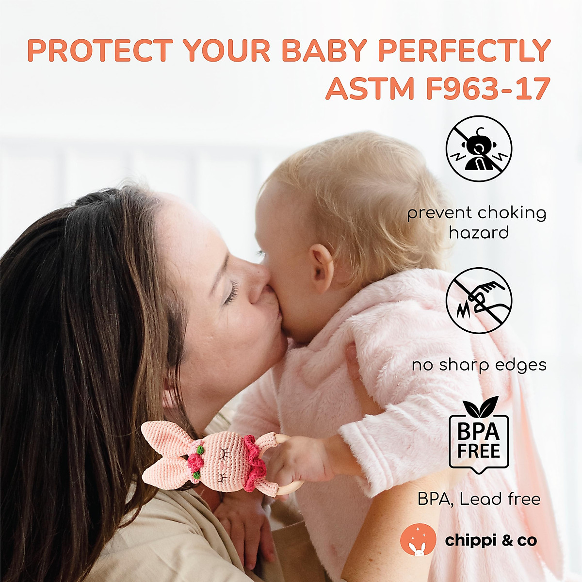 Chippi & Co Crochet Wooden Baby Rattle, Crochet Baby Toys Stuffed Animals Easter Gifts for Kids, Wooden Newborn Toys, Easter Basket Stuffers, Basket Filler for Girls, Boys, Bunny Decor (Clover Bunny)