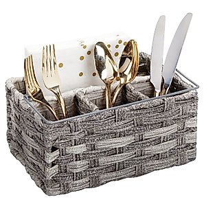 mDesign Plastic Woven Divided Cutlery Storage Organizer Caddy Tote - Basket Holder for Kitchen Table, Cabinet, Pantry - Holds Silverware, Forks, Knives, Spoons, Napkins and other Utensils - Gray