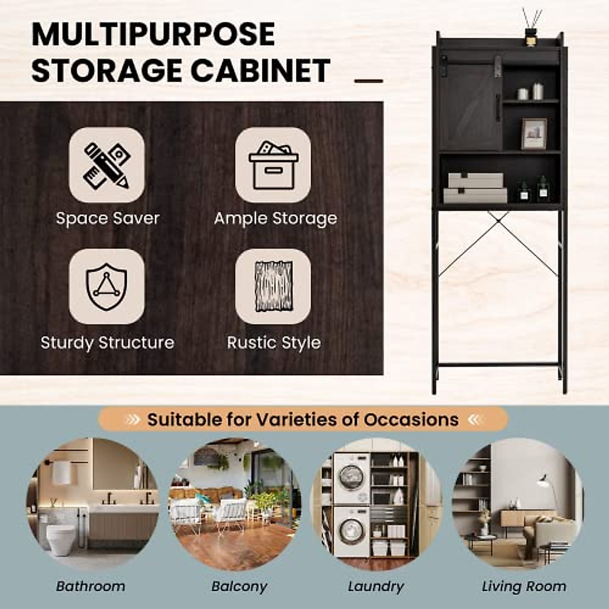 UIIAIOUIAIO 4-Tier Over-The-Toilet Storage Cabinet, Bathroom Organizer with Sliding Door, Adjustable Shelves, Freestanding Toilet Space Saver Shelf for Bathroom Laundry (Rustic Brown)